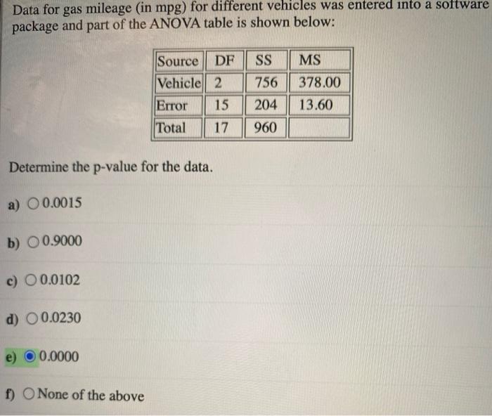 Solved Data for gas mileage (in mpg) for different vehicles | Chegg.com