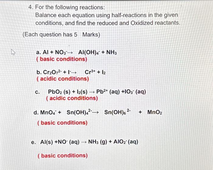 Solved 4. For the following reactions: Balance each equation | Chegg.com