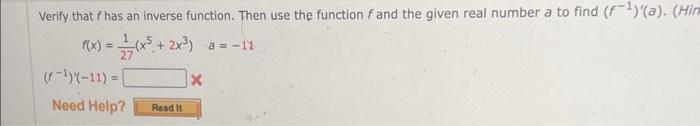 Solved Verify that f has an inverse function. Then use the | Chegg.com