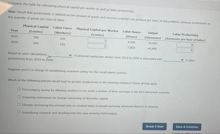 Solved Complete the table by calculating physical capital | Chegg.com