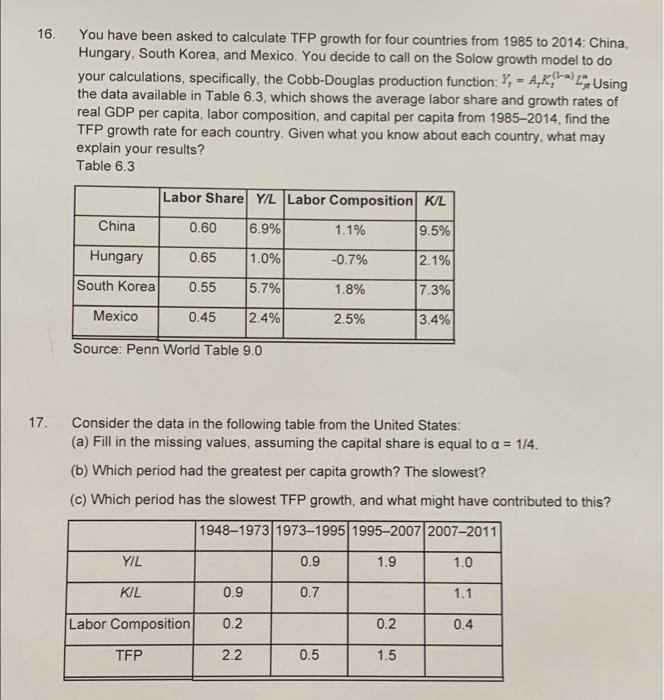 Solved 16. You have been asked to calculate TFP growth for | Chegg.com