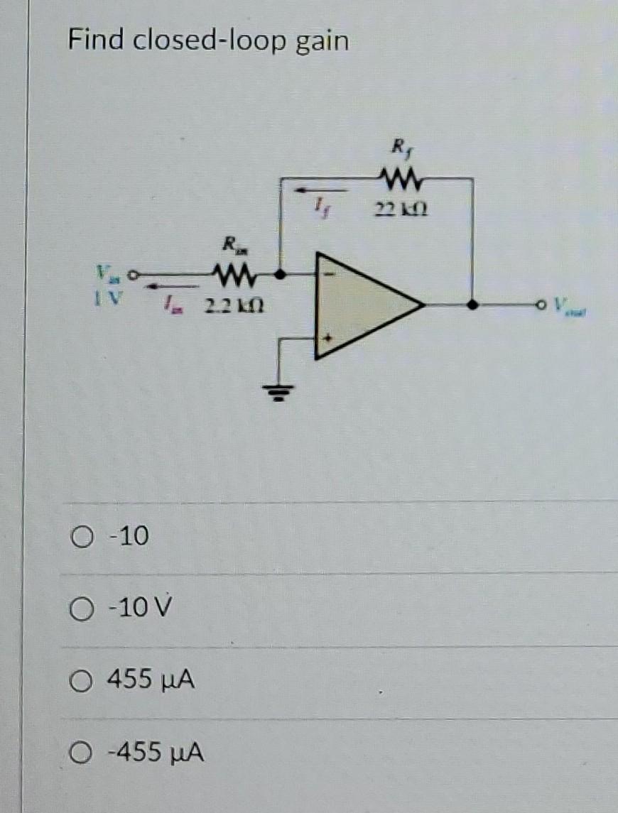 Find closed-loop gain −10 −10 V 455μA −455μA | Chegg.com