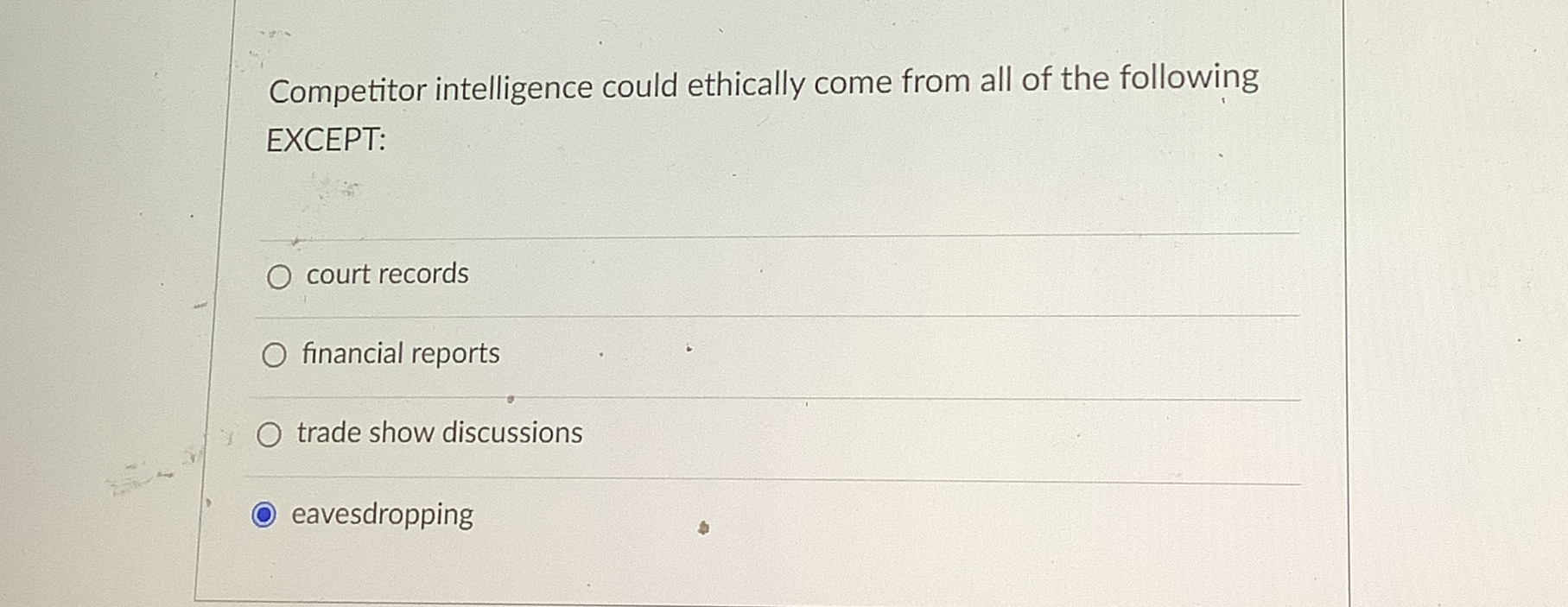 Solved Competitor intelligence could ethically come from all | Chegg.com
