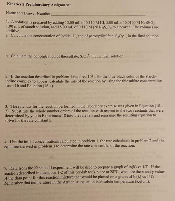 Solved Kinetics 2 Prelaboratory Assignment Name and Drawer | Chegg.com