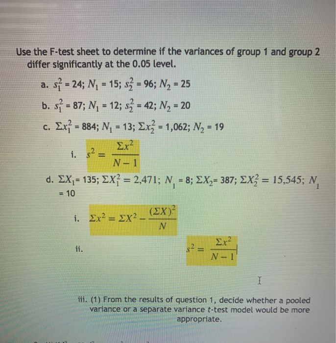 Solved Use the F-test sheet to determine if the variances of | Chegg.com