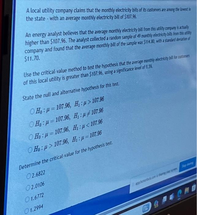 Solved A local utility company claims that the monthly | Chegg.com