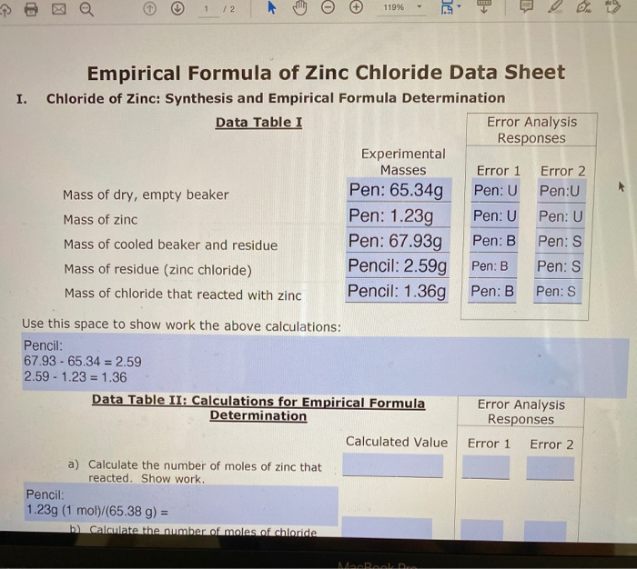 Solved 1 / 2 119% DE G I. Empirical Formula of Zinc Chloride | Chegg.com