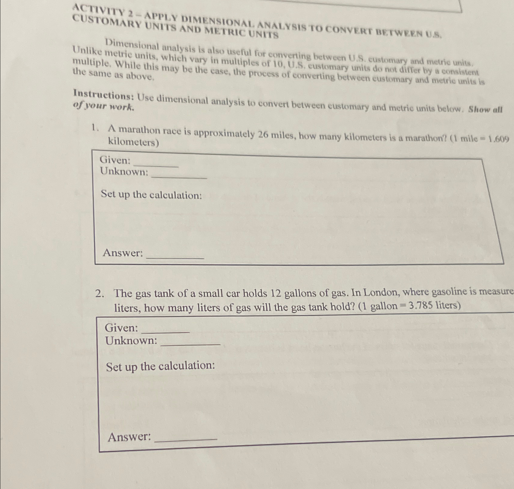 Solved ACTIVITY 2 - ﻿APPLY DIMENSIONAL. ANALYSIS TO CONVERT | Chegg.com