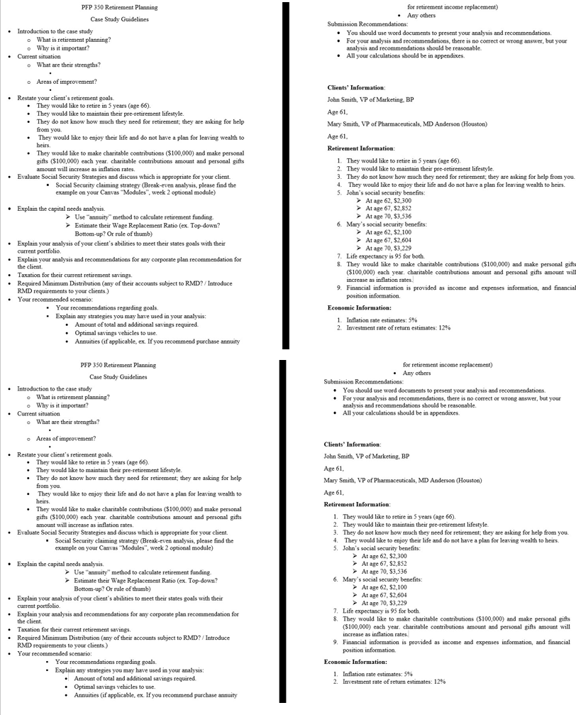 PFP 350 ﻿Retirement Planning Case Study Guidelines• | Chegg.com