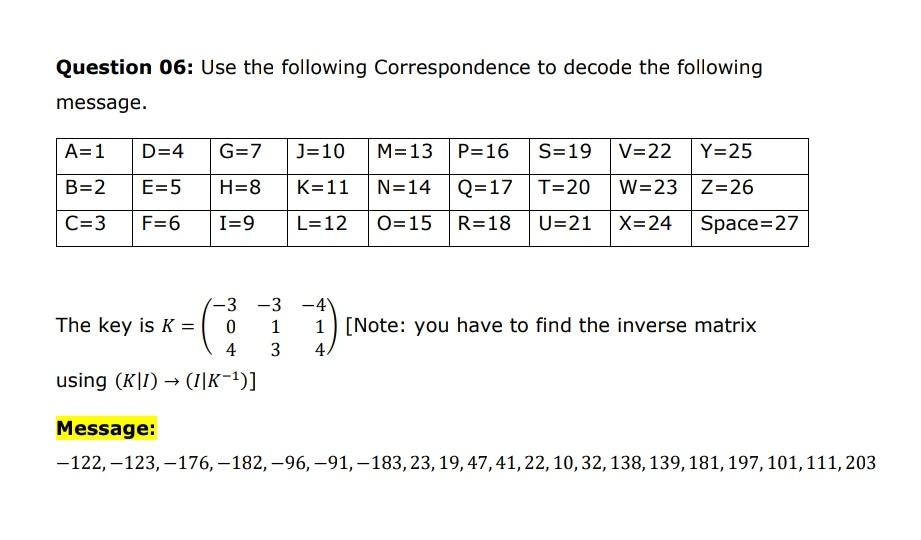 Solved Question 06: Use the following Correspondence to | Chegg.com