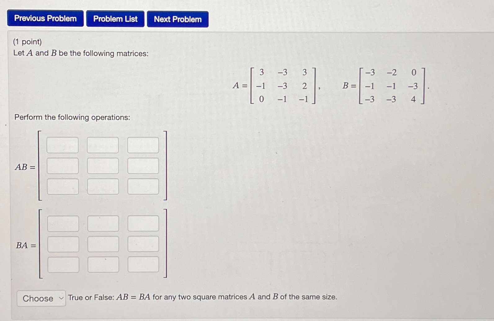 Solved (1 ﻿point)Let A and B ﻿be the following | Chegg.com