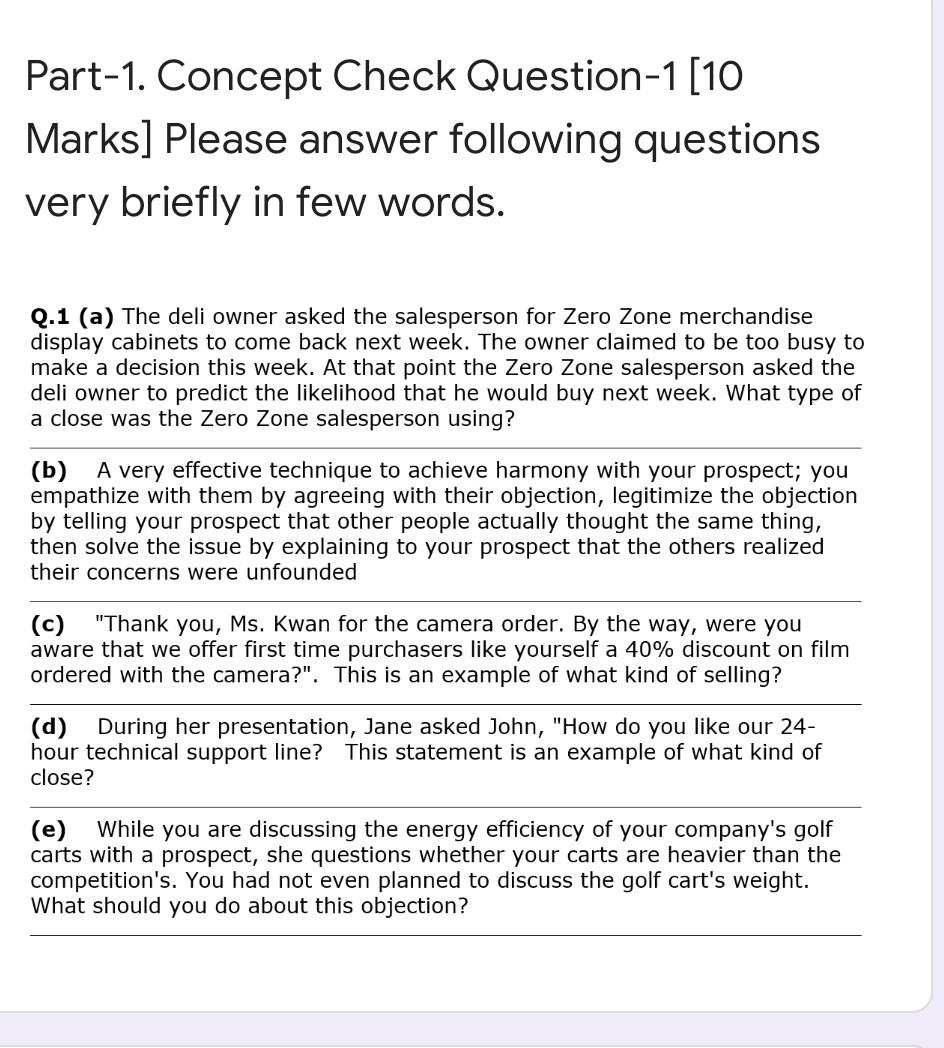 Solved Part-1. Concept Check Question-1010 Marks] Please | Chegg.com