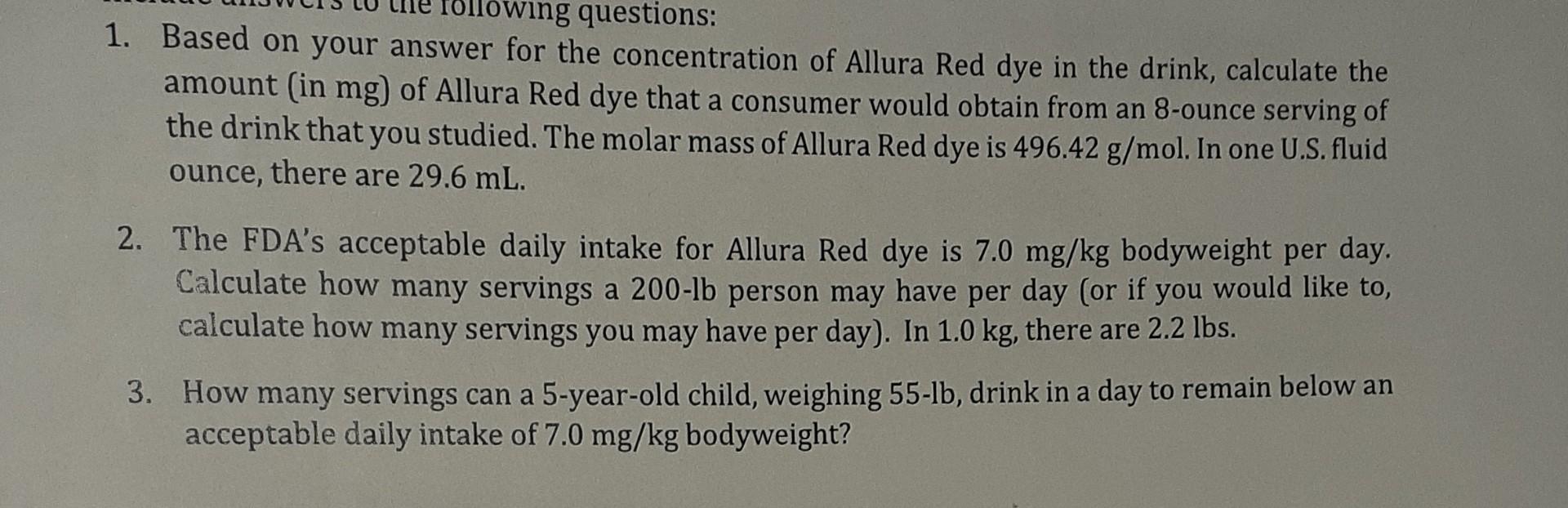 Solved Concentration of Allura Red AC Dye Stock Solution: | Chegg.com