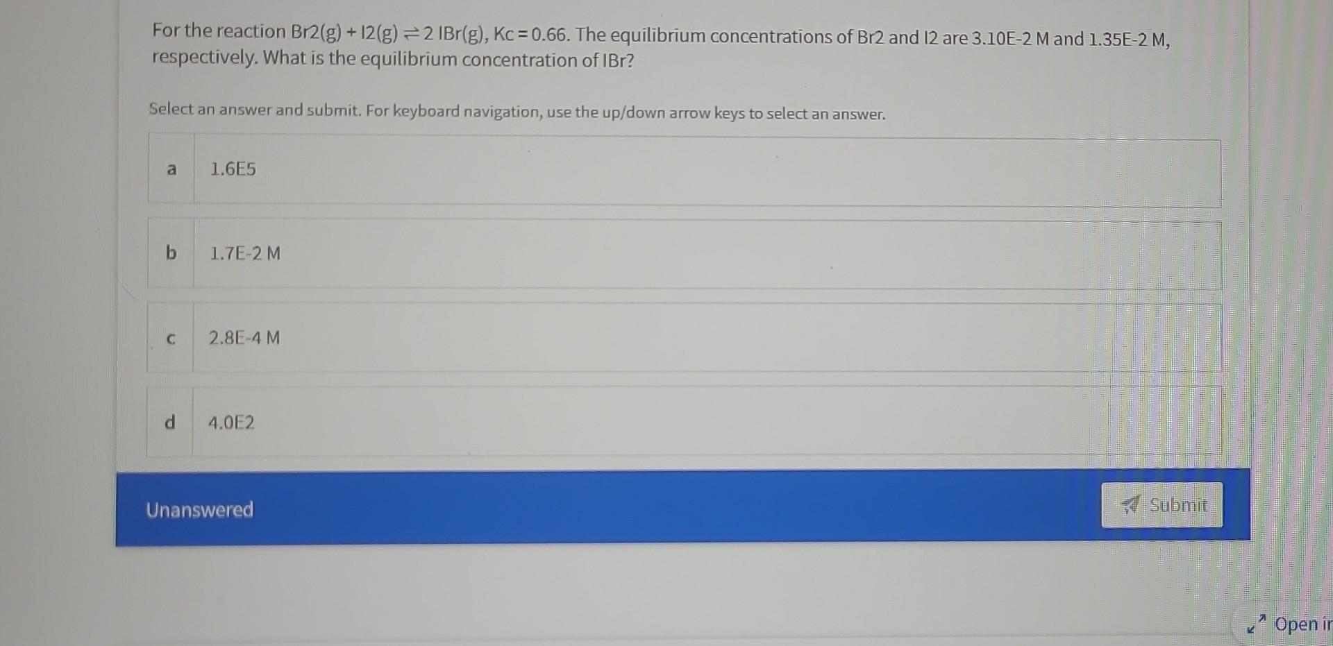 Solved For the reaction Br2( g)+12( g)⇌2IBr(g),Kc=0.66. The | Chegg.com