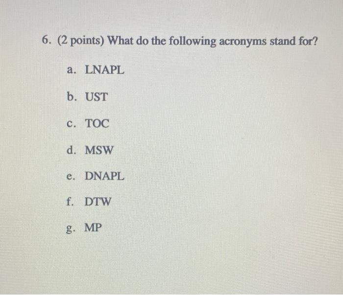 Solved 6. ( 2 points) What do the following acronyms stand | Chegg.com Solved 6. ( 2 points) What do the following acronyms stand | Chegg.com
