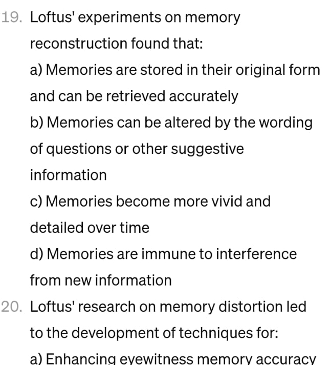 Solved Loftus' experiments on memory reconstruction found | Chegg.com