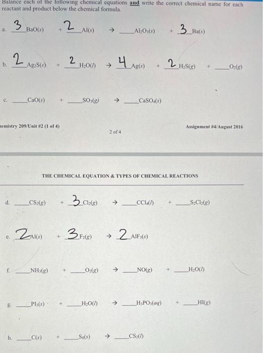 Solved Balance each of the following chemical equations and | Chegg.com