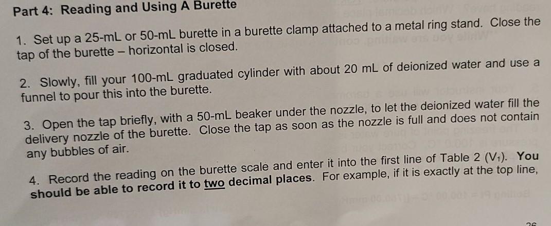 Solved Table 2: Reading and Using a Burette Scale reading | Chegg.com