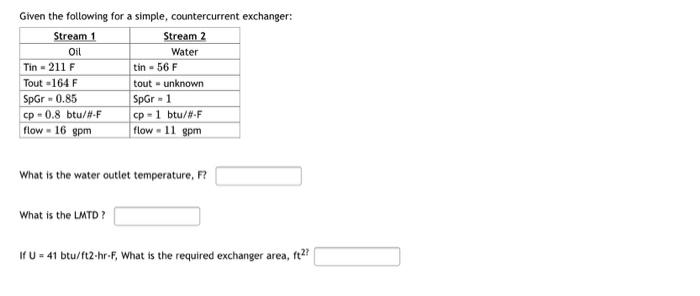 Solved Given the following for a simple, countercurrent | Chegg.com