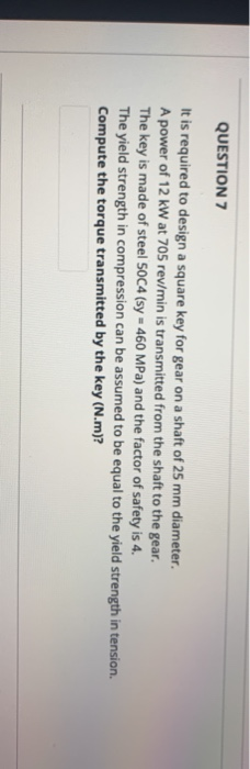 Solved QUESTION 7 It is required to design a square key for | Chegg.com