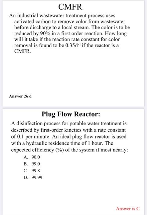 Solved CMFR An industrial wastewater treatment process uses | Chegg.com