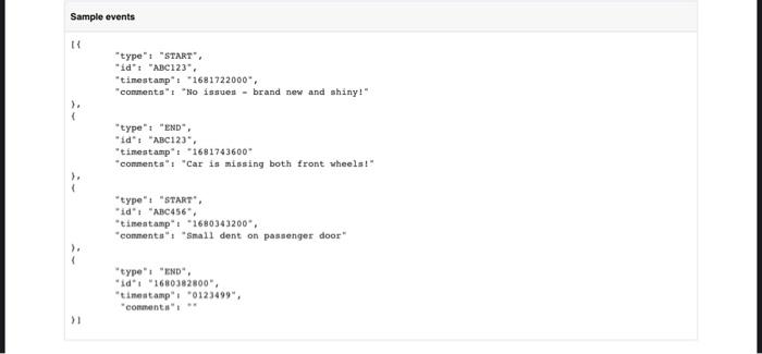 Solved I "type" t "sTART", "Id": "ABC123", "timestamp": | Chegg.com