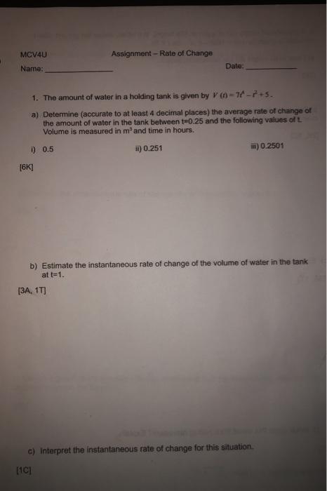 Solved MCV4U Assignment - Rate of Change Name: Date: 1. The | Chegg.com