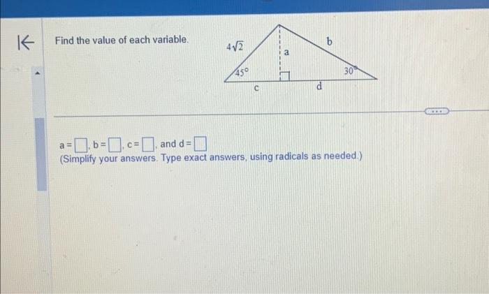 Solved K Find the value of each variable. 4√2 459 C U b 30% | Chegg.com