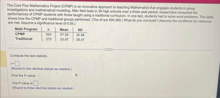 Solved The Core Plus Mathematics Project (CPMP) is an | Chegg.com