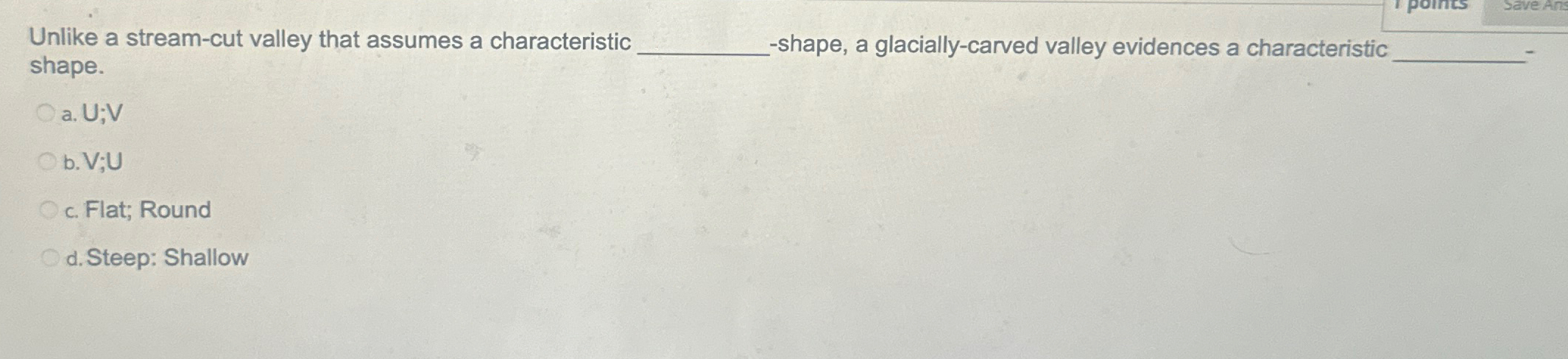 Solved Unlike a stream-cut valley that assumes a | Chegg.com