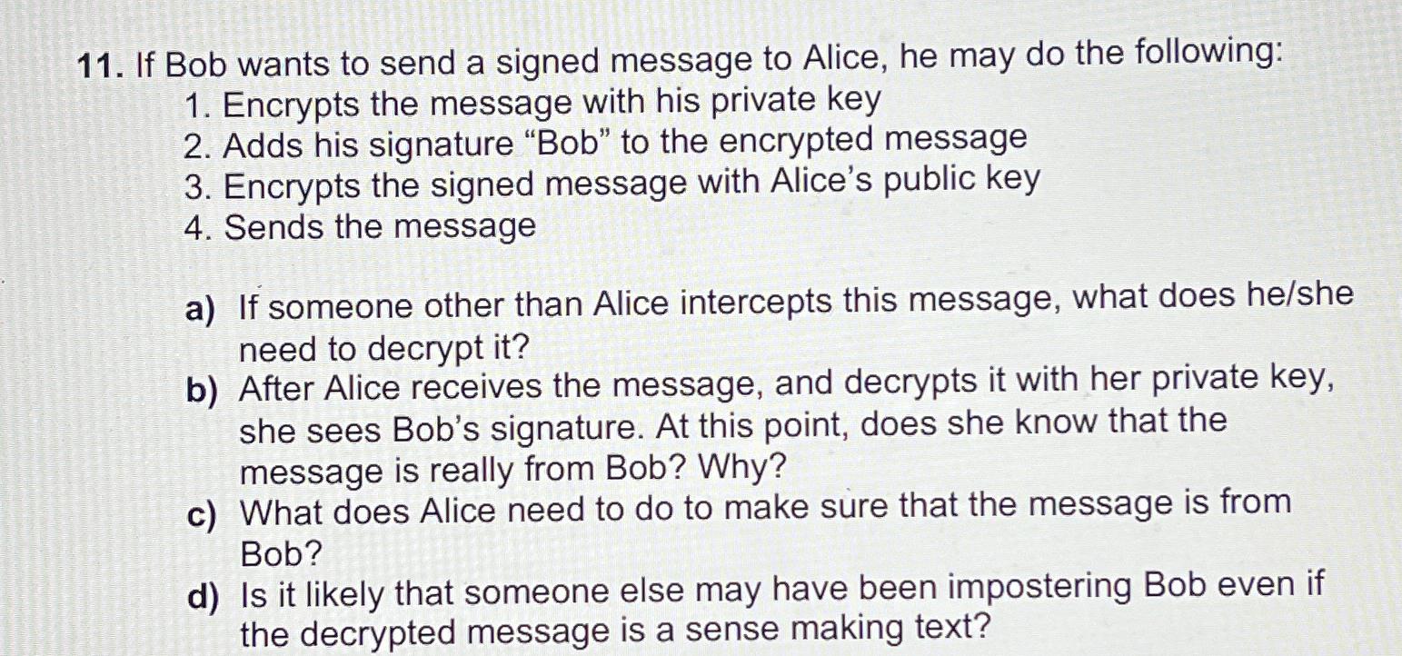Solved If Bob wants to send a signed message to Alice, he | Chegg.com