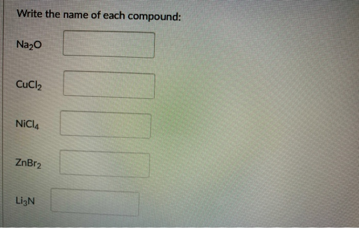 Solved Write the name of each compound: Na20 CuCl2 Nicla | Chegg.com