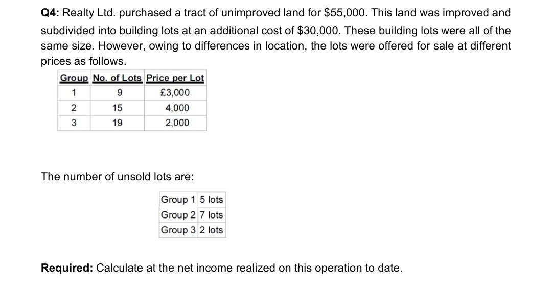Solved Q4: Realty Ltd. purchased a tract of unimproved land | Chegg.com