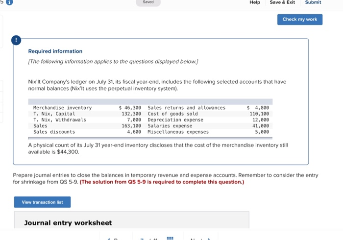 Solved Saved Help Save & Exit Submit Check my work Required | Chegg.com