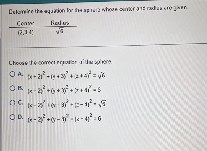 Solved Determine The Equation For The Sphere Whose Center Chegg