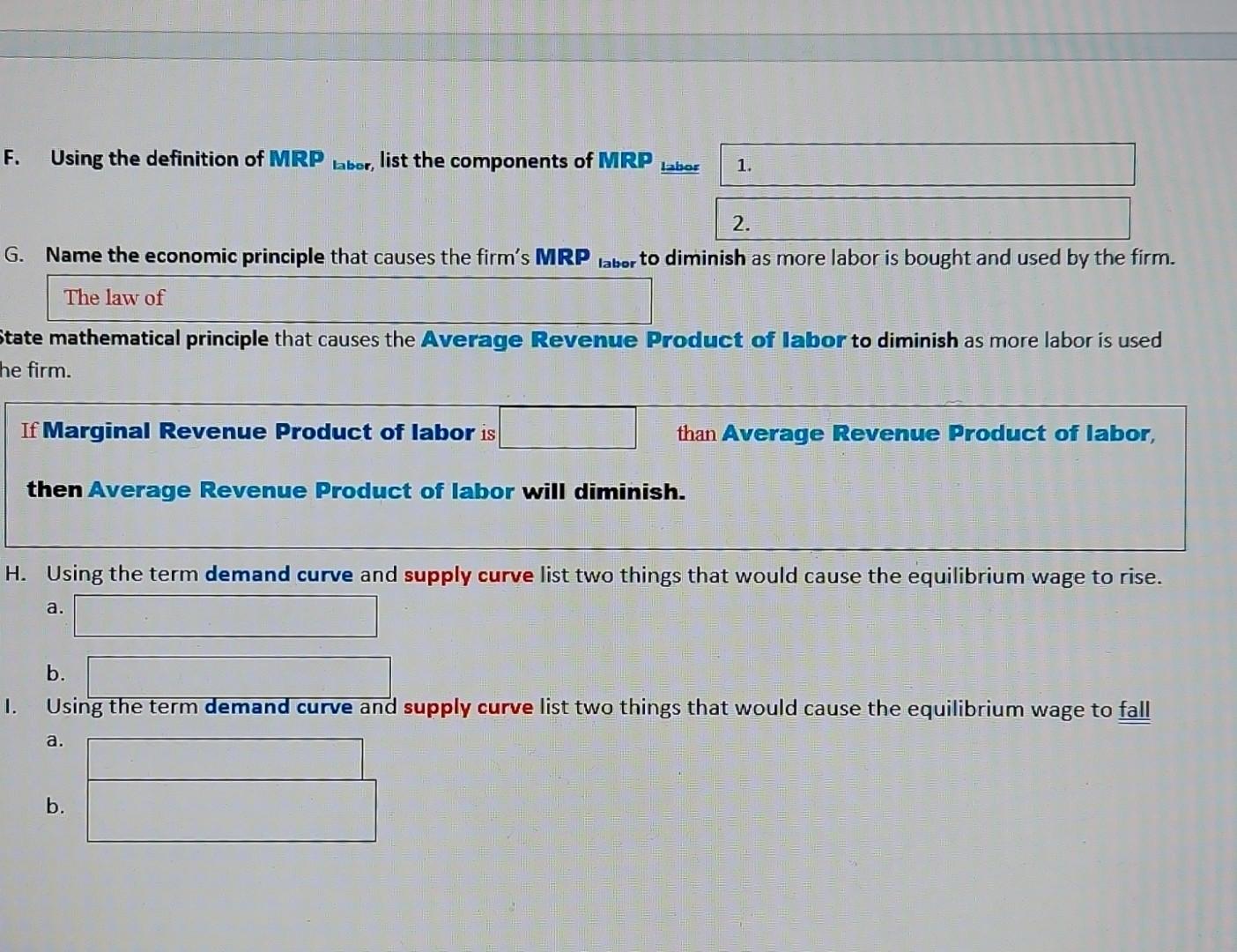 Solved F. Using the definition of MRP labor, list the | Chegg.com