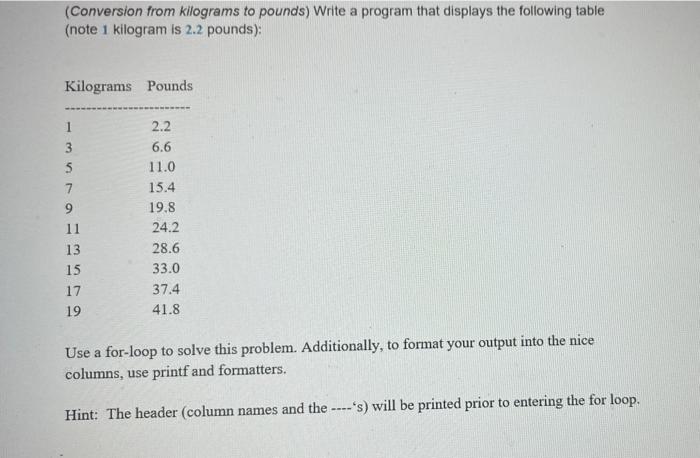Solved (Conversion from kilograms to pounds) Write a program | Chegg.com