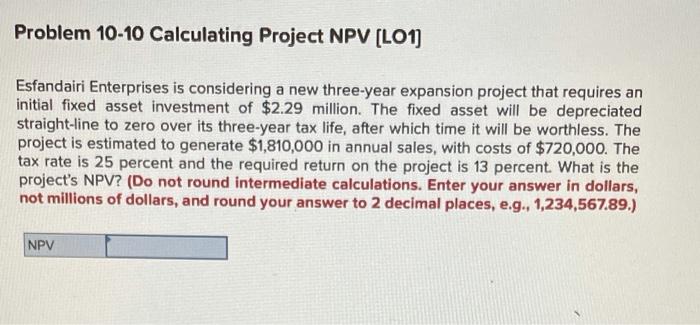 Solved Problem 10-10 Calculating Project NPV (LO1) | Chegg.com