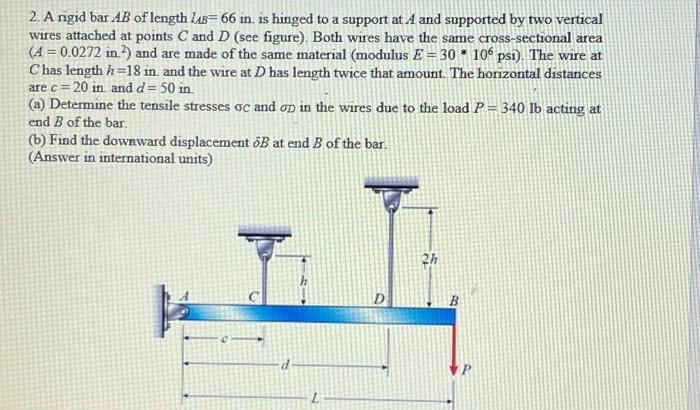 Solved 2. A rigid bar AB of length lAB=66 in is hinged to a | Chegg.com