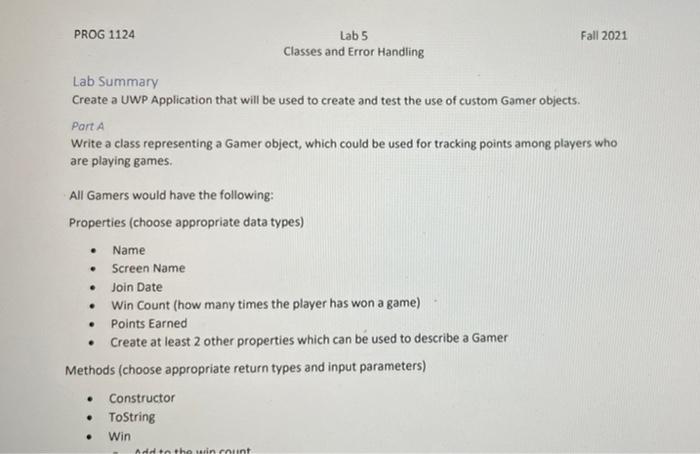 PROG 1124 Lab 5 Fall 2021 Classes and Error Handling | Chegg.com