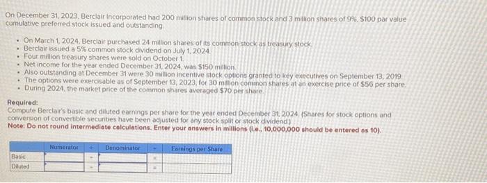 On December 31, 2023, Berclair Incorporated had 200 | Chegg.com