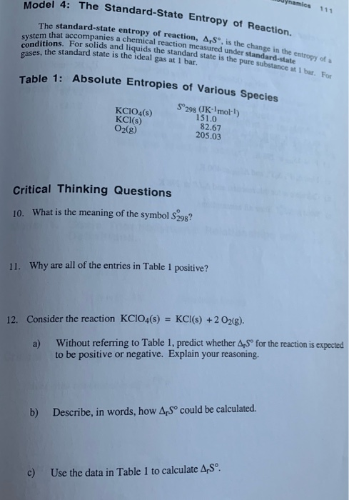Solved Model 4: The Standard-State Entropy of Reaction. The | Chegg.com