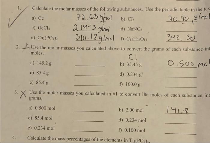 Solved 1. Calculate the molar masses of the following | Chegg.com