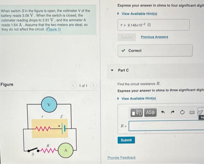 Solved When switch S in the figure is open, the voltmeter V | Chegg.com
