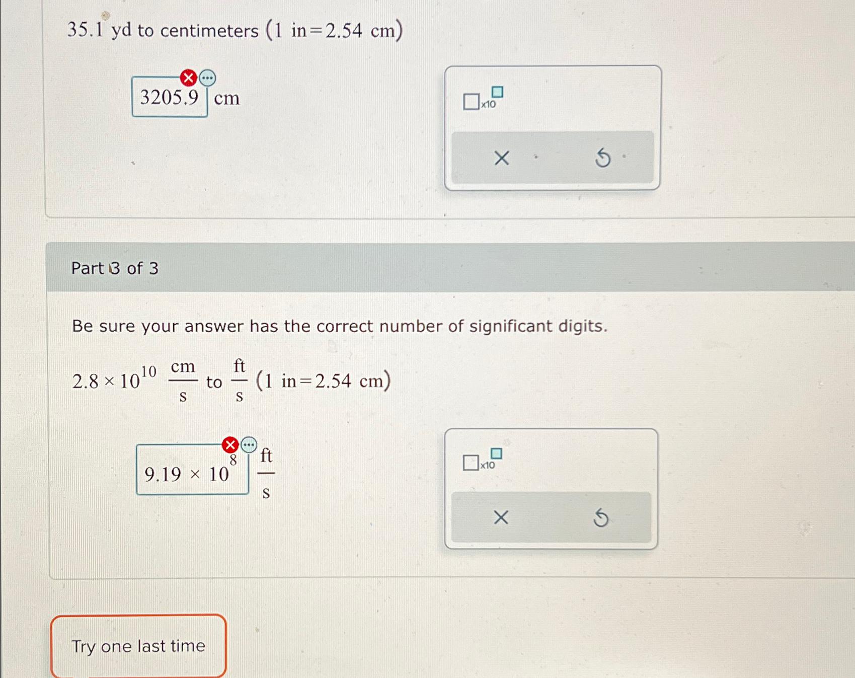 Solved 35.1yd ﻿to centimeters )=(2.54cm3205.9cm×10Part 13 | Chegg.com