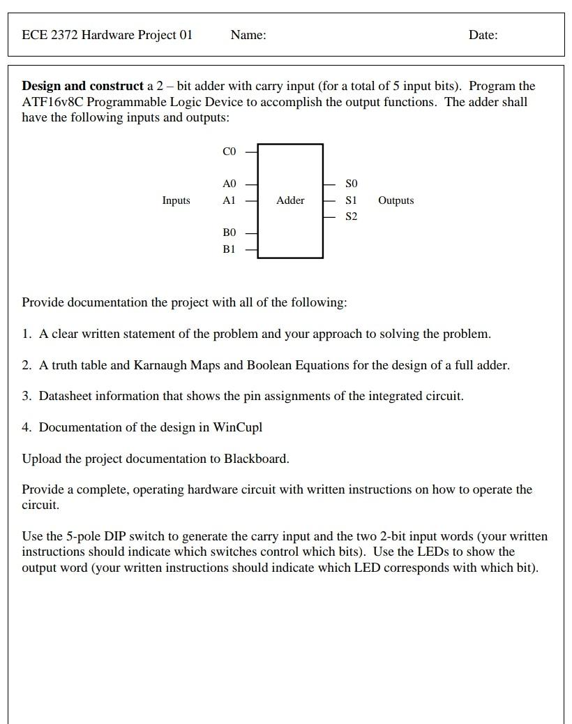 Solved Design and construct a 2 - bit adder with carry input | Chegg.com