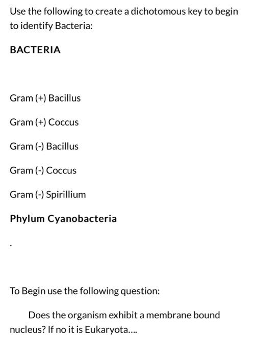 Solved Use the following to create a dichotomous key to | Chegg.com
