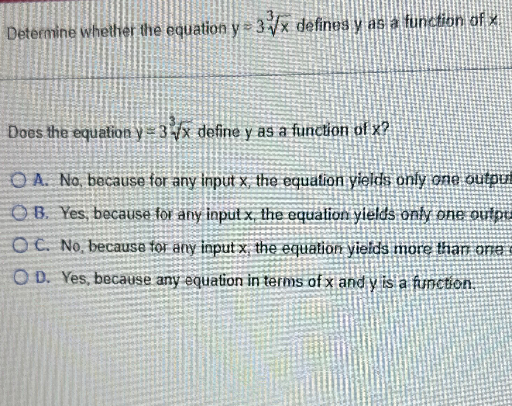 Determine whether the equation y=3x3 ﻿defines y ﻿as a | Chegg.com