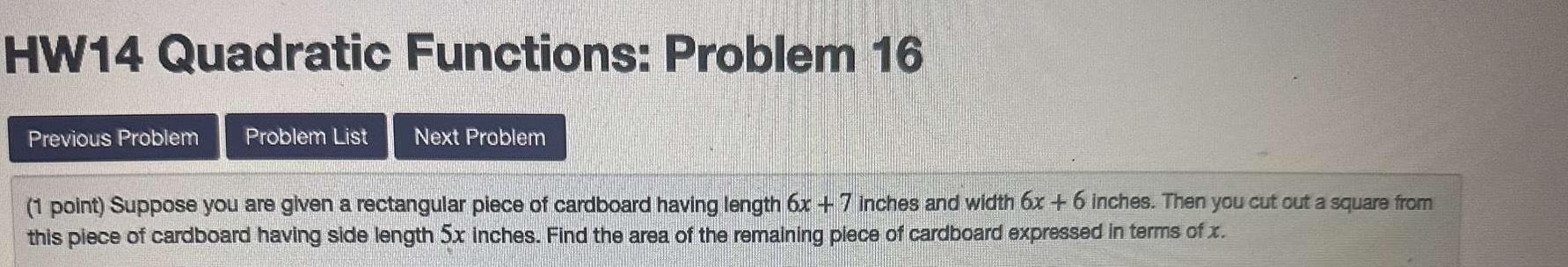 Solved HW14 ﻿Quadratic Functions: Problem 16(1 ﻿point) | Chegg.com
