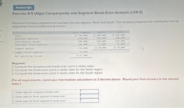 Solved Exercise 6-5 (Algo) Companywide and Segment | Chegg.com